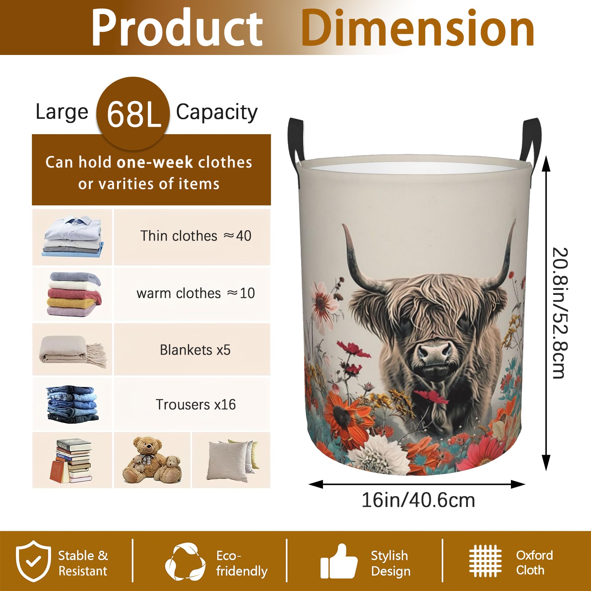 Highland Cow with Flowers Laundry Basket,Waterproof Laundry Hamper,Collapsible Organizer Basket for Storage Bin Toy Bins, Dirty Clothes Laundry Basket for Living Room/Bathroom/Bedroom