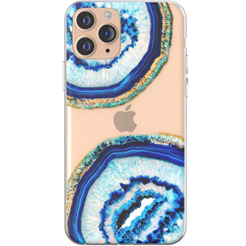 Toik Slim TPU Case for Apple iPhone 11 Pro Xs Max Xr 10 X 8 Plus 7 6s 5s SE Silicone Flexible Cover Women Mineral Slices Girls Geode Gift Lightweight Design Blue Protective Agate Print Clear