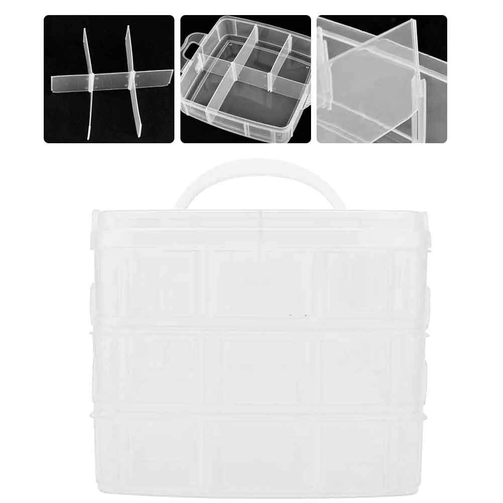 Craft Organizer Box 3 Layers Nail Art Storage Box Plastic Clean Jewelry Organizer Container with Adjustable Compartments for Nail, Hair Accessories, Beads, Threads, Ribbon, Art Supplies