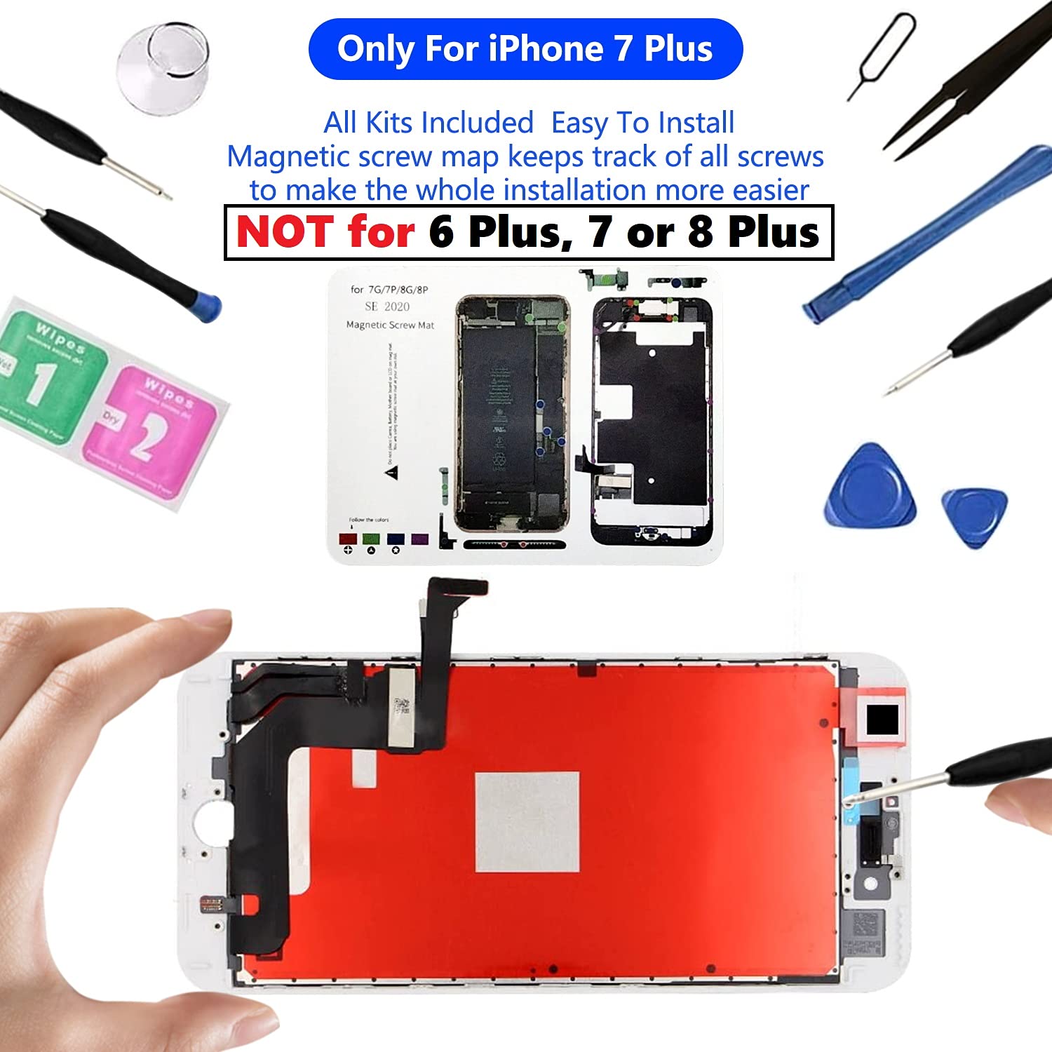 Diykitpl for iPhone 7 Plus Screen Replacement 5.5 Inch White, 3D Touch LCD Screen Digitizer Replacement for A1661,A1784,A1785, with Repair Tools Kit+Magnetic Screw Mats+Screen Protector
