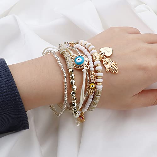 DOLOTTA 6 Sets Bohemian Stackable Bead Bracelets for Women Stretch Multilayered Beaded Bracelet Crystal Beaded Lucky Protection Evil Eye Hamsa Hand Bracelet Set