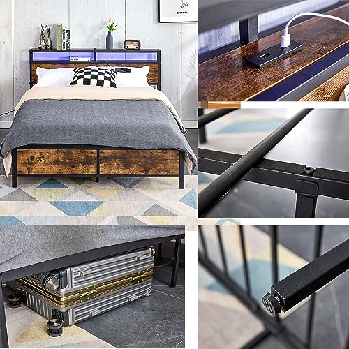 Industrial Modern Full Size Bed Frame with LED Lights and 2 USB Ports,with Wood Shaving Headboard and Platform Bed Frame,Bearing Capacity Up to 900 (Full, Rustic Brown)