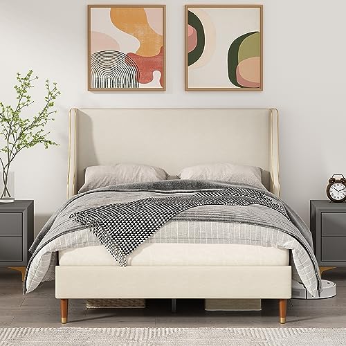 QNZK Upholstered Platform Bed Frame with Linen Headboard, Golden PVC Material Edge, Metal Frame Wooden Slat Support, No Box Spring Needed, Wood Foot Easy to Assemble & Noiseless (Beige, Full)
