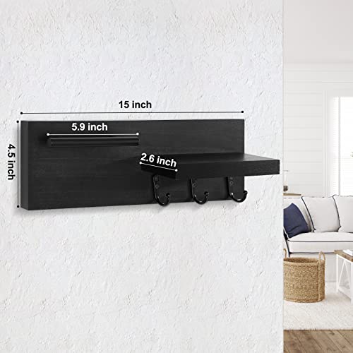 Lucundm Key Holder for Wall, Decorative Entryway Shelf with Hooks Holds Keys, Dog Leash, Sunglasses β Key Hanger with 3 Hooks Organizes, Enhances Home Decor (15β x 4.5β x 2.6β) (Black)