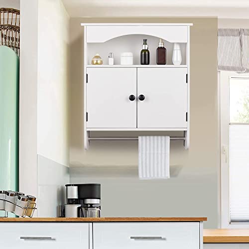 LUCYPAL Bathroom Cabinet Wall Mounted with Doors, Wooden Hanging Cabinet, Bathroom Cabinet with Towel Bar Over The Toilet, Bathroom Wall Cabinet White
