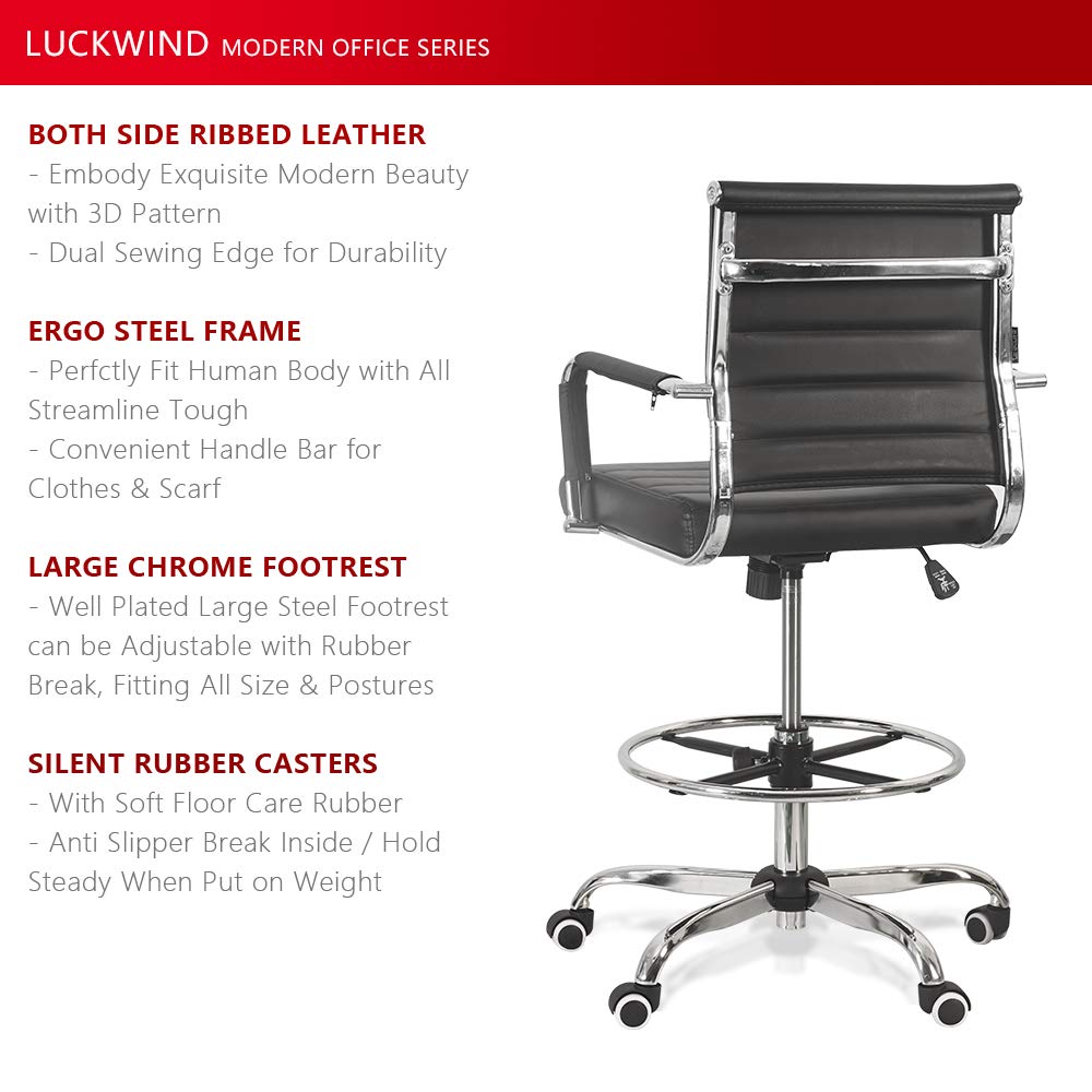 Drafting Chair Stool Office 400lbs Footrest Leather – Tall Arms Counter Adjustable Mid-Back Tilt-Tension Control Rocker Lumbar Support Swivel Rolling for Standing Desk 45"(Black, Ribbed Leather)