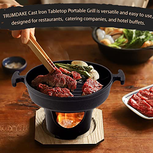 TRUMDAKE Cast Iron Japanese mini hibachi grill individual Tabletop Portable Grill camping cooking Yakiniku grill skillets BBQ Alcohol Stove Roasting grill (7" Diameter)