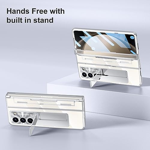 Libeagle Compatible with Samsung Galaxy Z Fold 5 Case with Innovative Hinge Protection, Detachable S Pen Holder & Capacitance Pen, Non-Yellow Clear Back, Screen Protector, Stand Cover 5G 2023, Silver