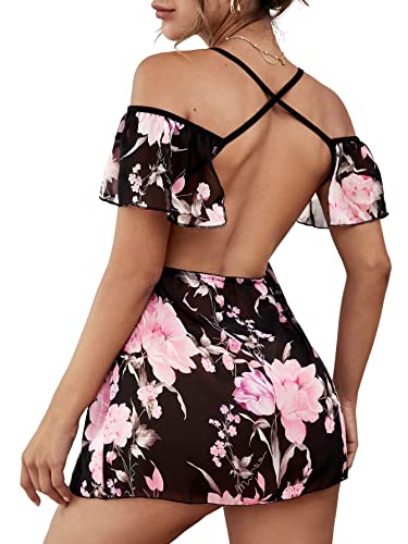 Verdusa Women's Casual Sleepwears Floral Print Cold Shoulder Crisscross Backless Spaghetti Strap Chiffon Nightdress Multicolor M