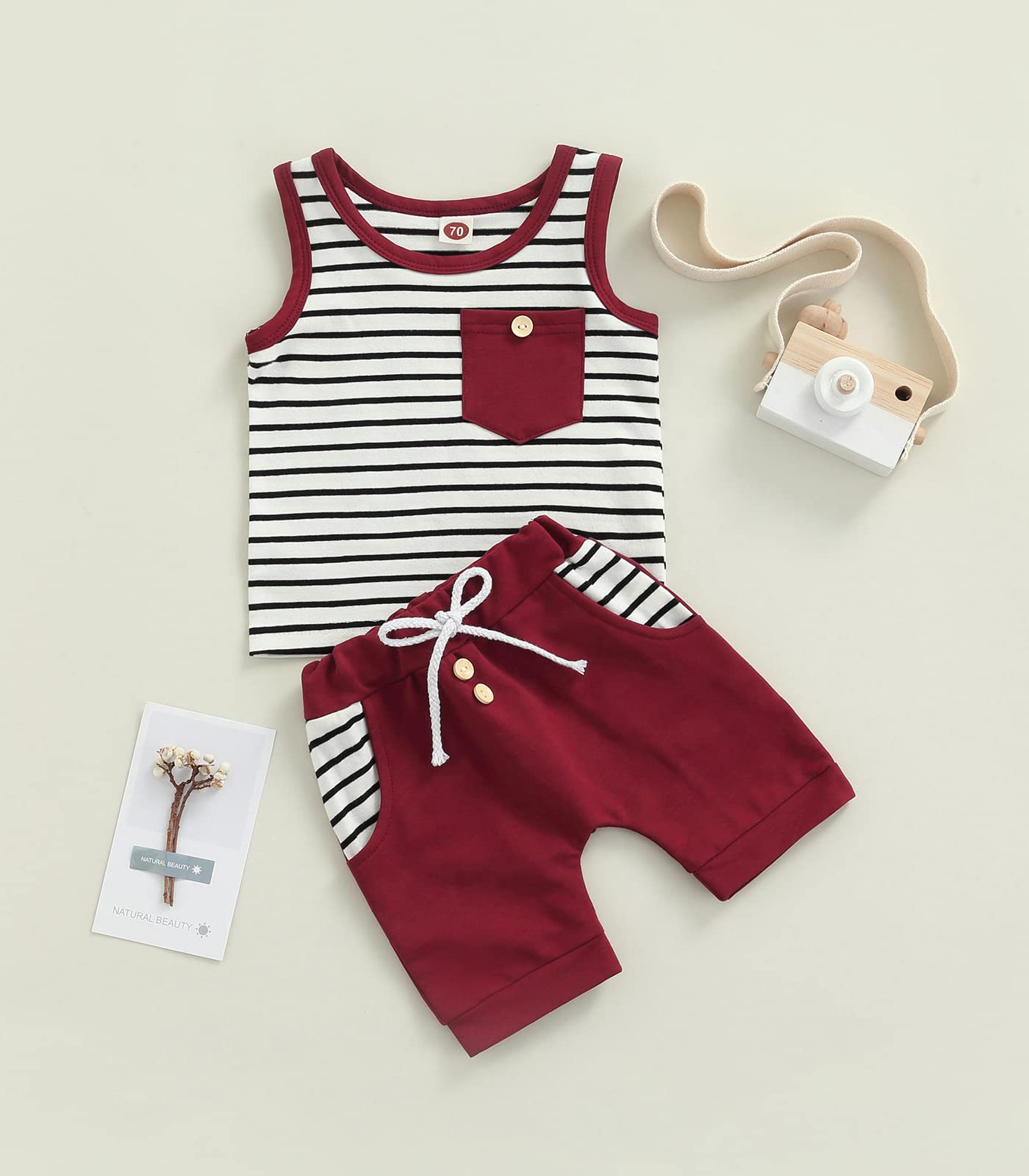 Toddler Baby Boy Summer Outfits Shorts Solid Short Sleeve T-Shirt Tops Casual Clothes Set (Brick Red, 18-24 Months)