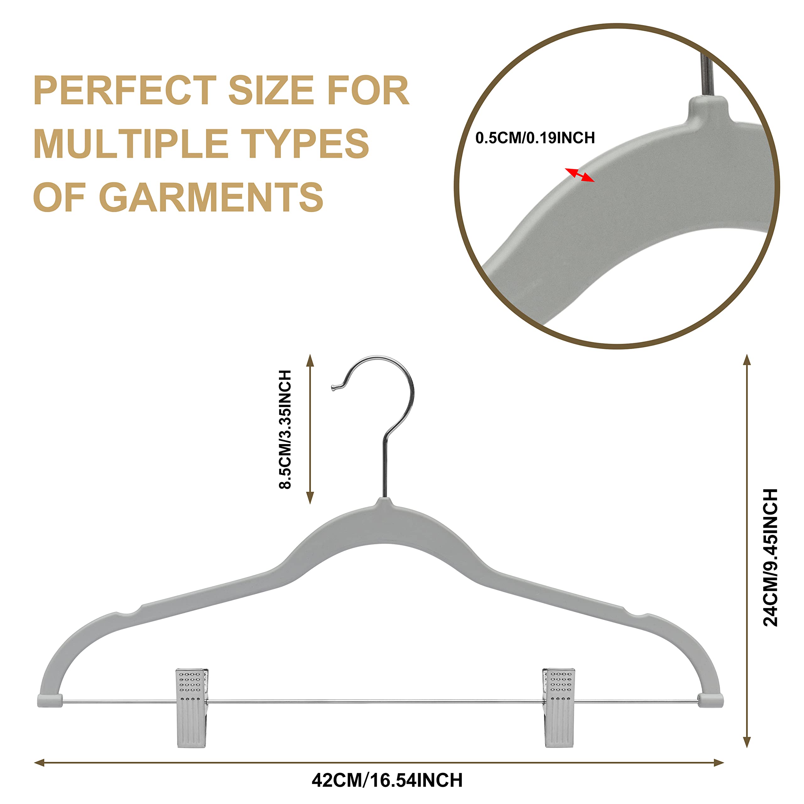 Quality Plastic 20-Pack - Non Velvet Non-Flocked Thin Compact Coat Hangers with Metal Clips for Skirts Pants Blouses - 360° Swivel Hook (Black, 20)
