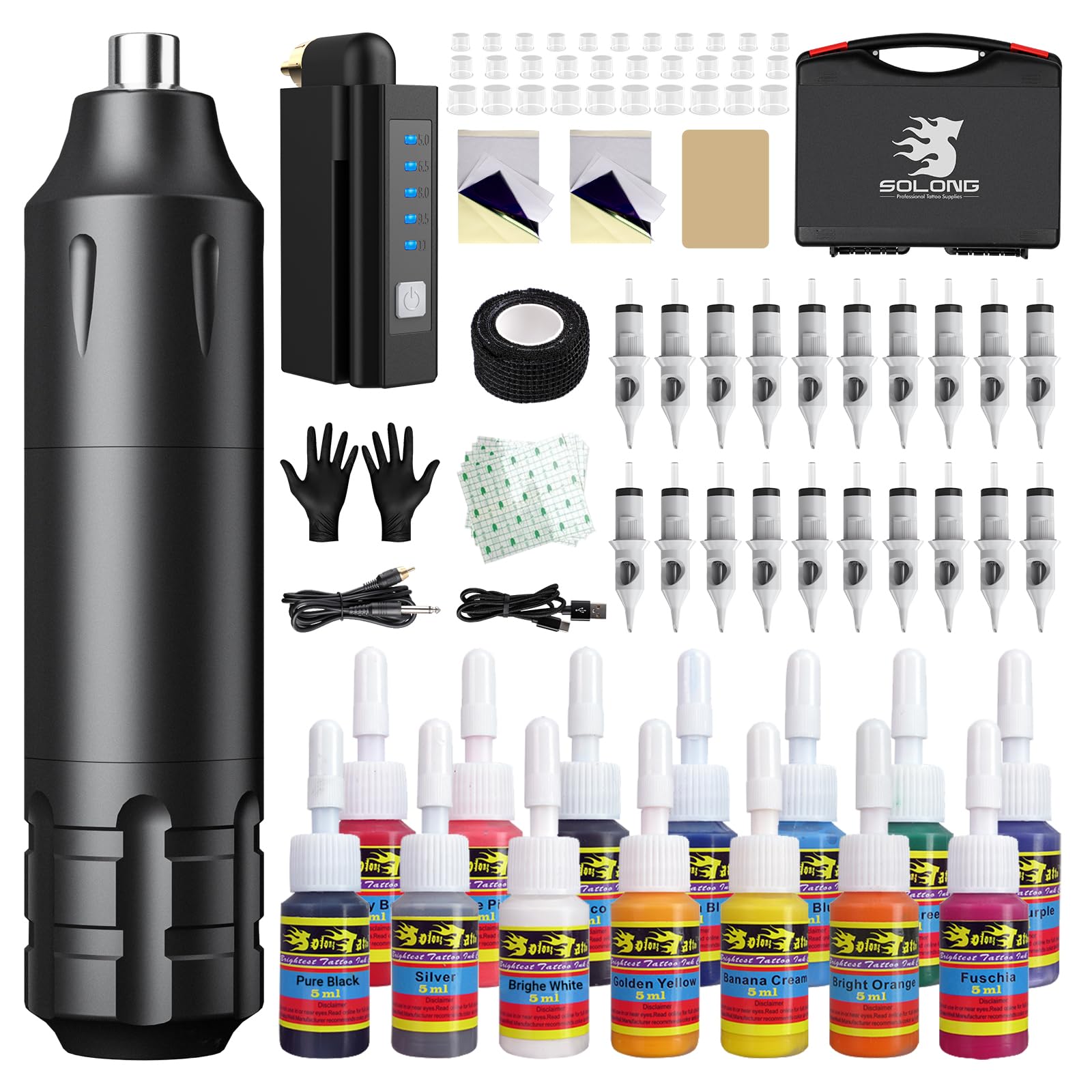 Wireless Tattoo Gun,Solong Rotary Wireless Tattoo Machine with 20Pcs Tattoo Cartridge Needles 1500mAH Tattoo Gun Wireless for Tattoo Artists and Tattoo Beginners with Portable Carry Case