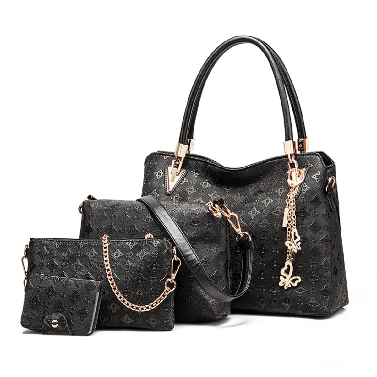 YOUNXSL Women Fashion Synthetic Leather Handbags Tote Bag Shoulder Bag Top Handle Satchel Purse with Pendant Set 4pcs Black