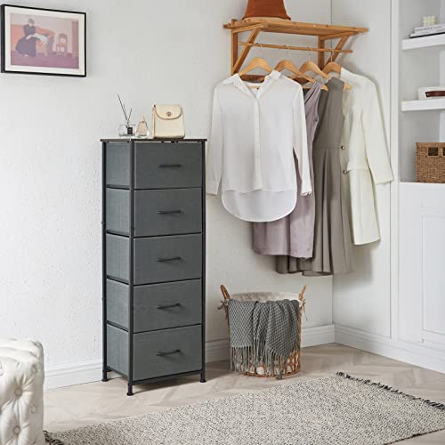Somdot Tall Dresser for Bedroom with 5 Drawers, Storage Chest of Drawers with Removable Fabric Bins for Closet Bedside Nursery Laundry Living Room Entryway Hallway, Charcoal Grey/Dark Walnut