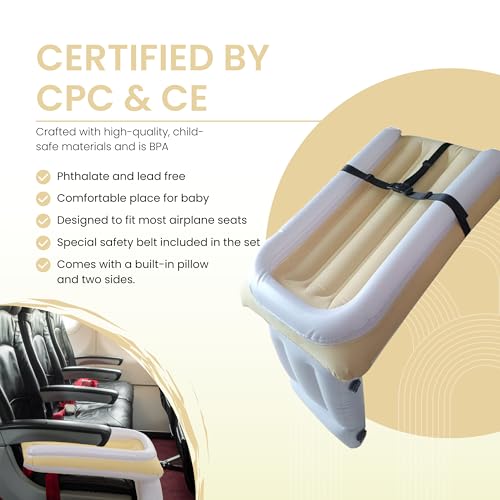 Gembebe Safe and Convenient Traveling with Inflatable Toddler Airplane Bed - Includes Hand Pump, Equipped with Seat Belt, Comes with Carry Bag, BPA-Free Material, Perfect for Airplane Travel (Yellow)
