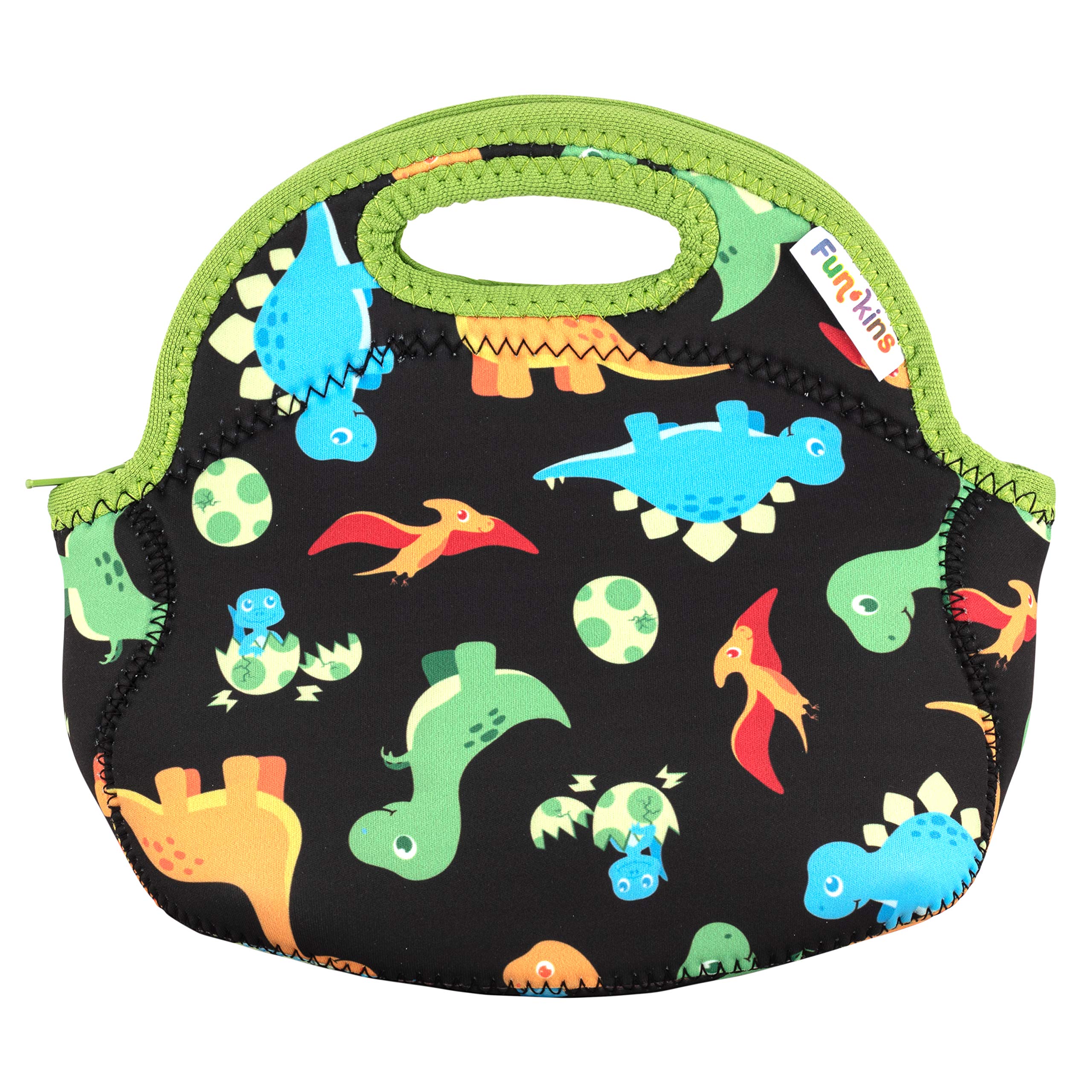 Funkins Insulated Lunch Bag for Kids, Durable, Machine Washable, Premium Quality, Interior Pocket & Name Tag, Easy to Pack, Folds Flat for Storage, Preschool or Snack Size Lunch Bag (Black Dinosaurs)