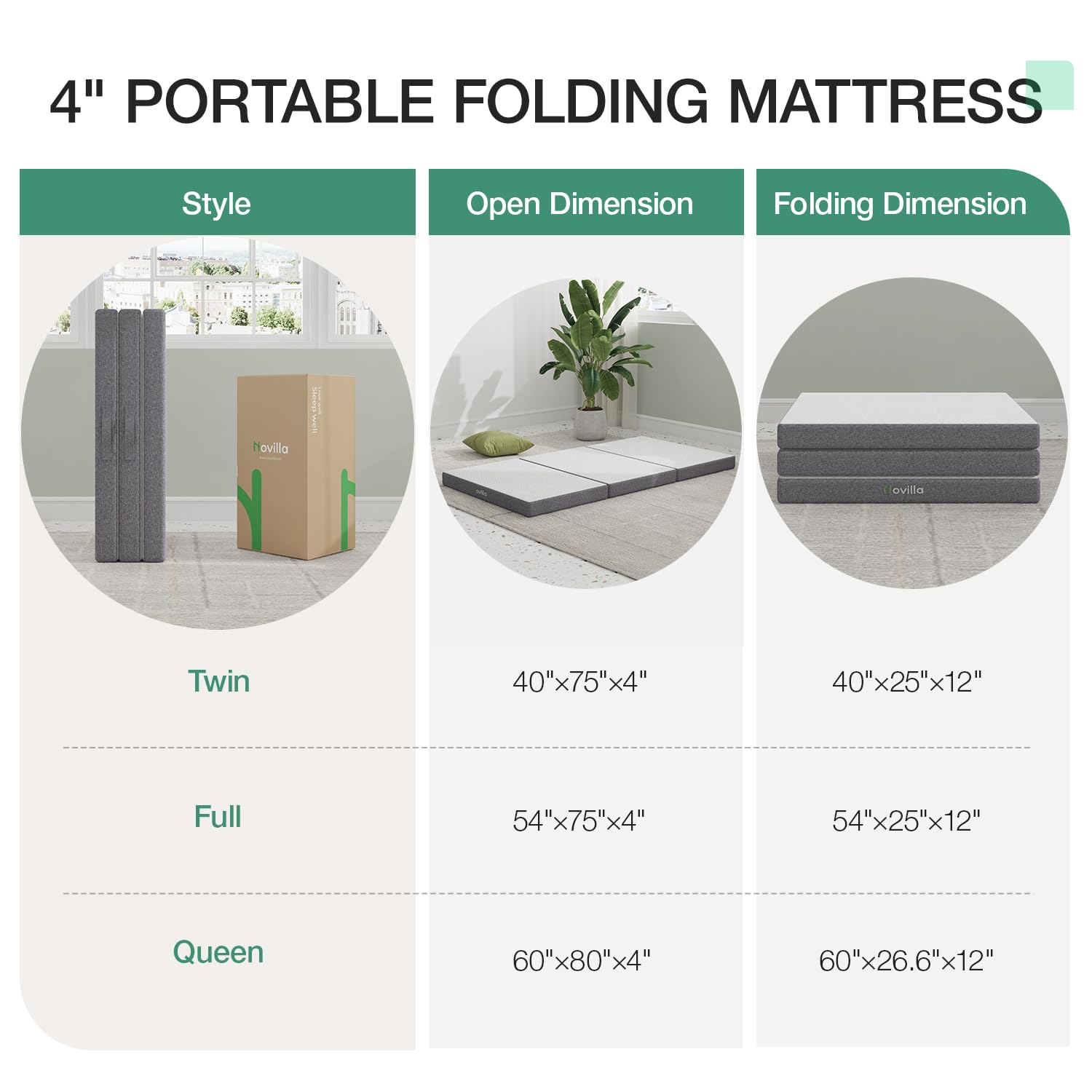 Novilla Folding Mattress Twin,4 Inch Memory Foam Tri Fold Mattress,Portable Mattress with Removable Cover for Yoga,Foldable Mattress,CertiPUR-US Certified,Twin Size