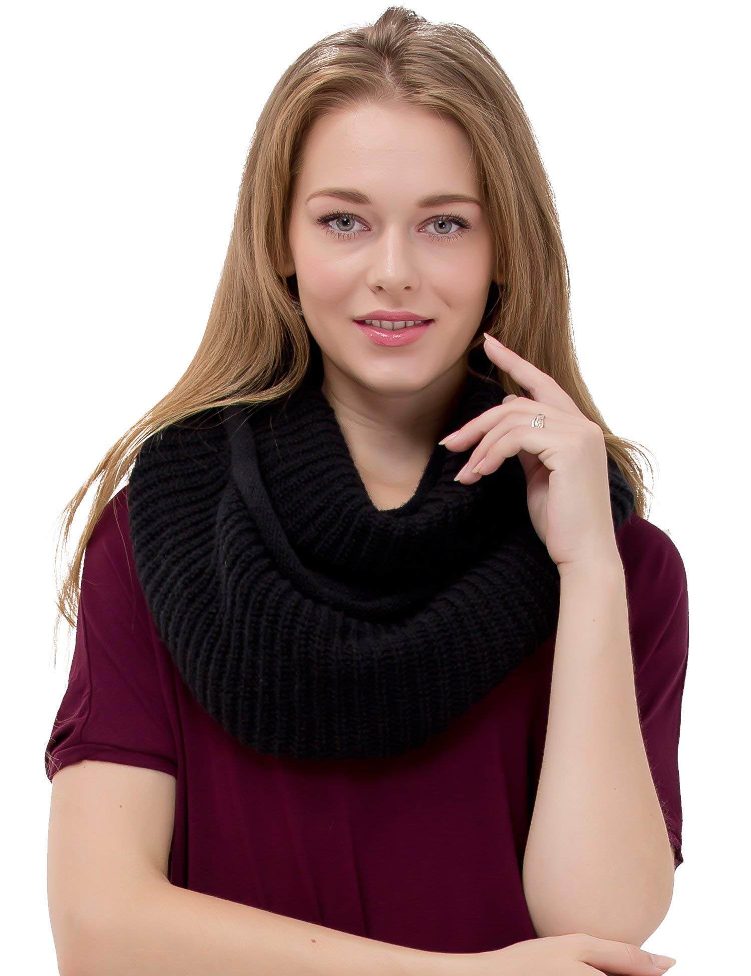 Dimore Women Winter Knit Infinity Scarf Circle Loop Scarf Beanie Set Thick Neck Warmer Scarf (black)