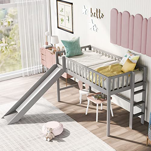 TARTOP Low Loft Bed with Slide, Wood Twin Size Loft Bed Frame with Ladder and Guardrails for Kids, Toddlers, Teens, No Box Spring,Gray