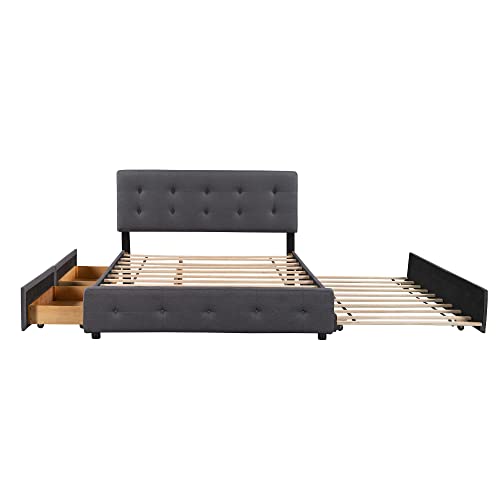 Queen Upholstered Platform Bed with 2 Storage Drawers and 1 Twin XL Trundle, Linen Fabric, Wood Bed Frame (Queen Size, Dark Gray)