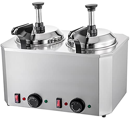 VBENLEM Cheese Warmer with Pump, 5.28 Qt Capacity Cheese Dispenser Hot Fudge Warmer, Dual Head Spout Heater 1300 W Cheese Warmer Dispenser, 30-110â Temp Adjustable 110 V Heated Pump Dispenser