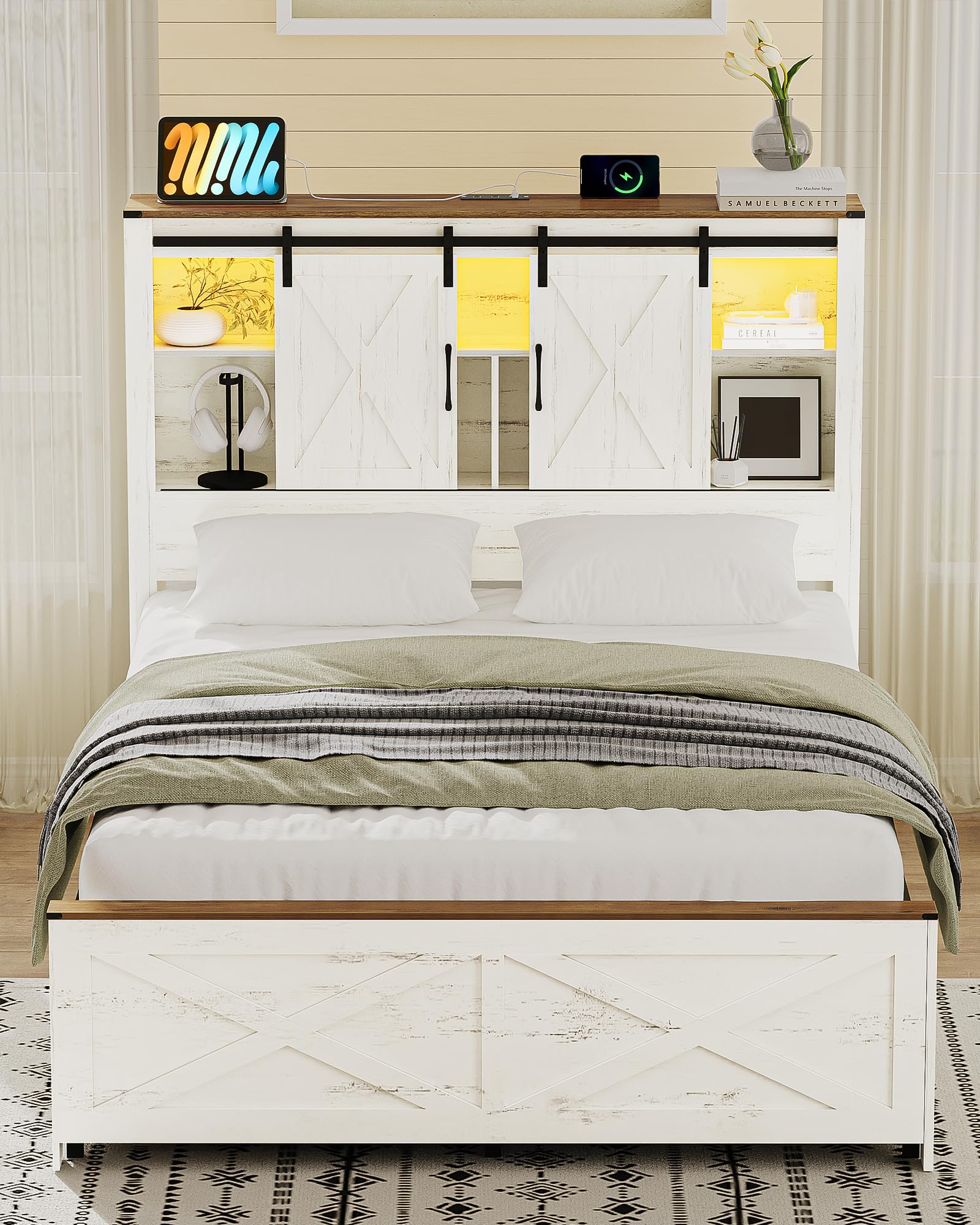 HILINSIE Full Size Bed Base Frame with Storage Bookcase Headboard, Sliding Barn Door, Heavy Duty Metal Platform Bed Frame Base with 2 Drawers, LED Lights and USB Charging Station, No Box Spring Needed