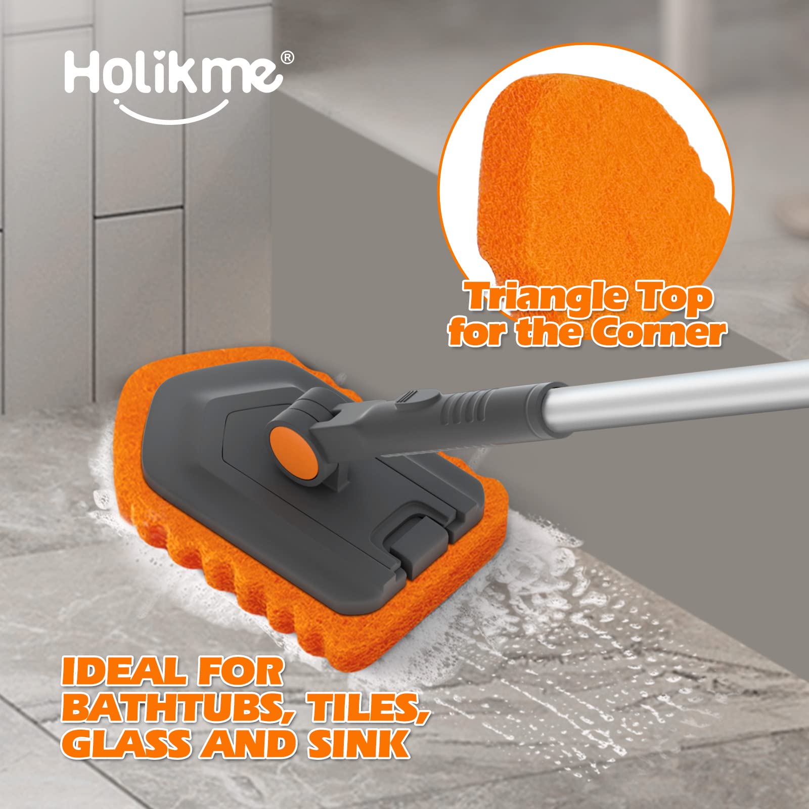 Holikme Shower Bathtub Scrubber for Cleaning with 3 Pack Scouring Pads Extendable Tub and Tile Scrubber Tools for Bathtub Shower Bathroom, Orange