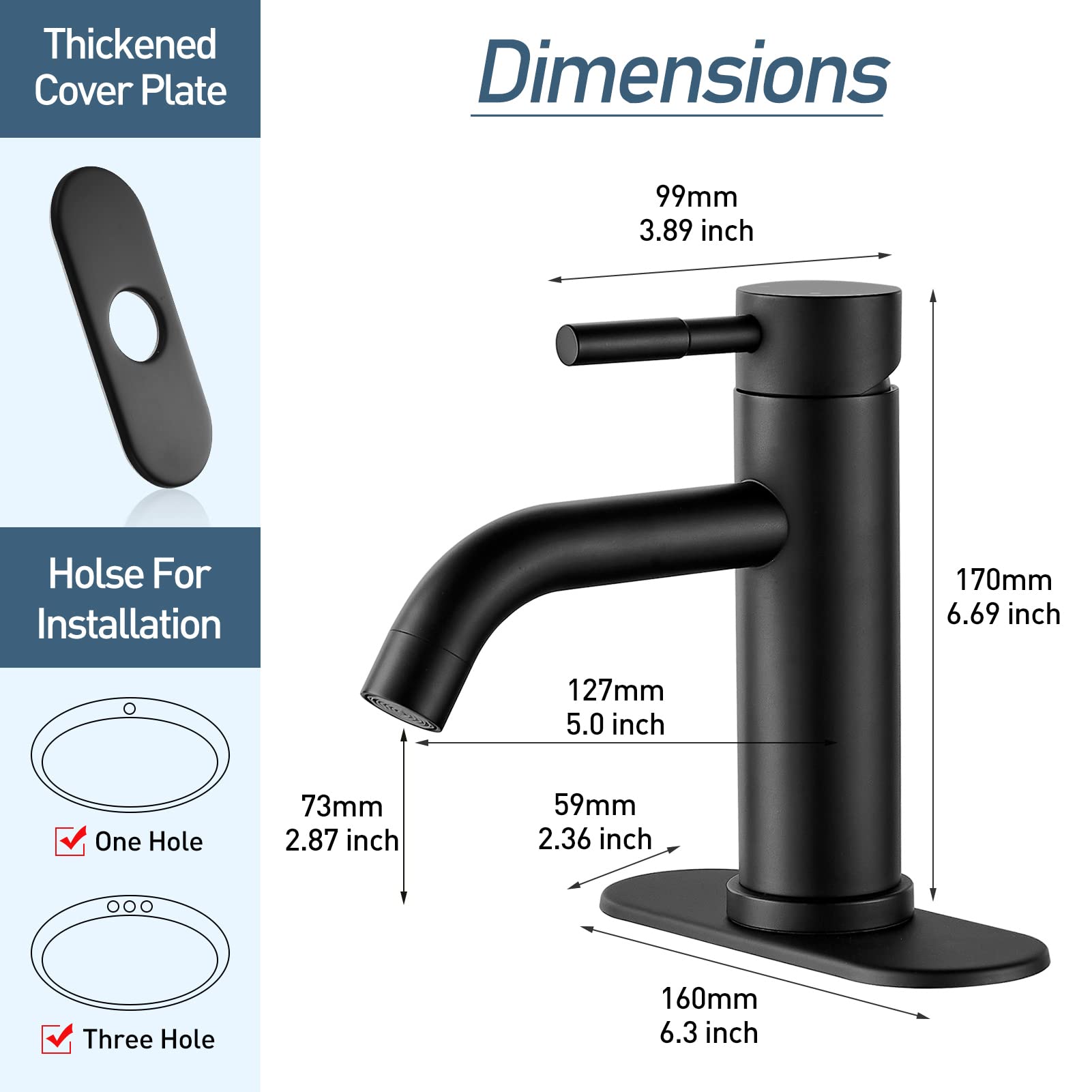 GENBONS Black Bathroom Faucet Single Hole RV Bathroom Faucet Stainless Steel Bathroom Sink Faucet 1 Hole with 3 Hole Deck Plate,Water Supply Lines with cUPC Certification