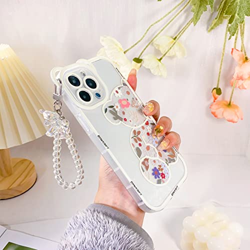 NITITOP Compatible for iPhone 13 Pro Max Case Clear Cute Flower Floral Bear for Girls Women Pattern with Bear Ears Soft TPU Shockproof Protective Girly Cover-Bear