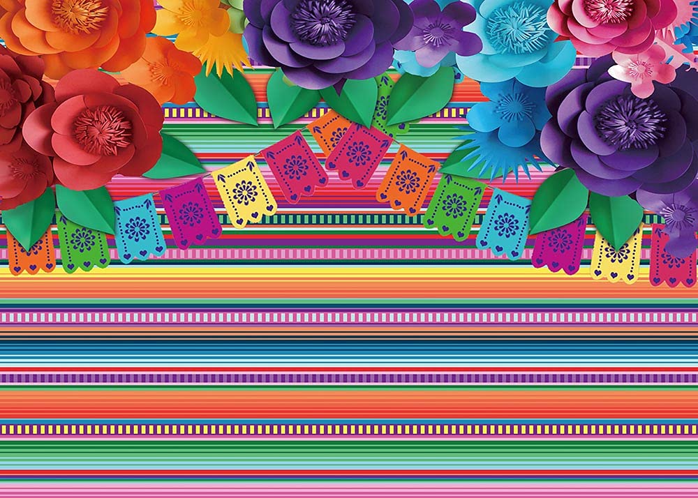 Fabric Mexican Fiesta Color Stripes Paper Flower Photo Background Cinco De Mayo Party Wedding Decor Photography Backdrops Baby Shower Studio Shoot Props