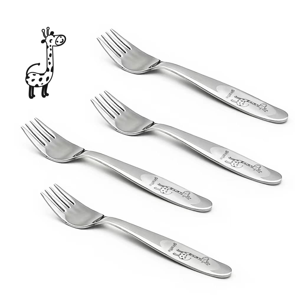 FUNNUO 4 Pack 18/8 Stainless Steel Toddler Forks with Colorful Giraffe image, Kids Metal Forks Set, Safe Children Forks for Self-Feeding, Dishwasher Safe