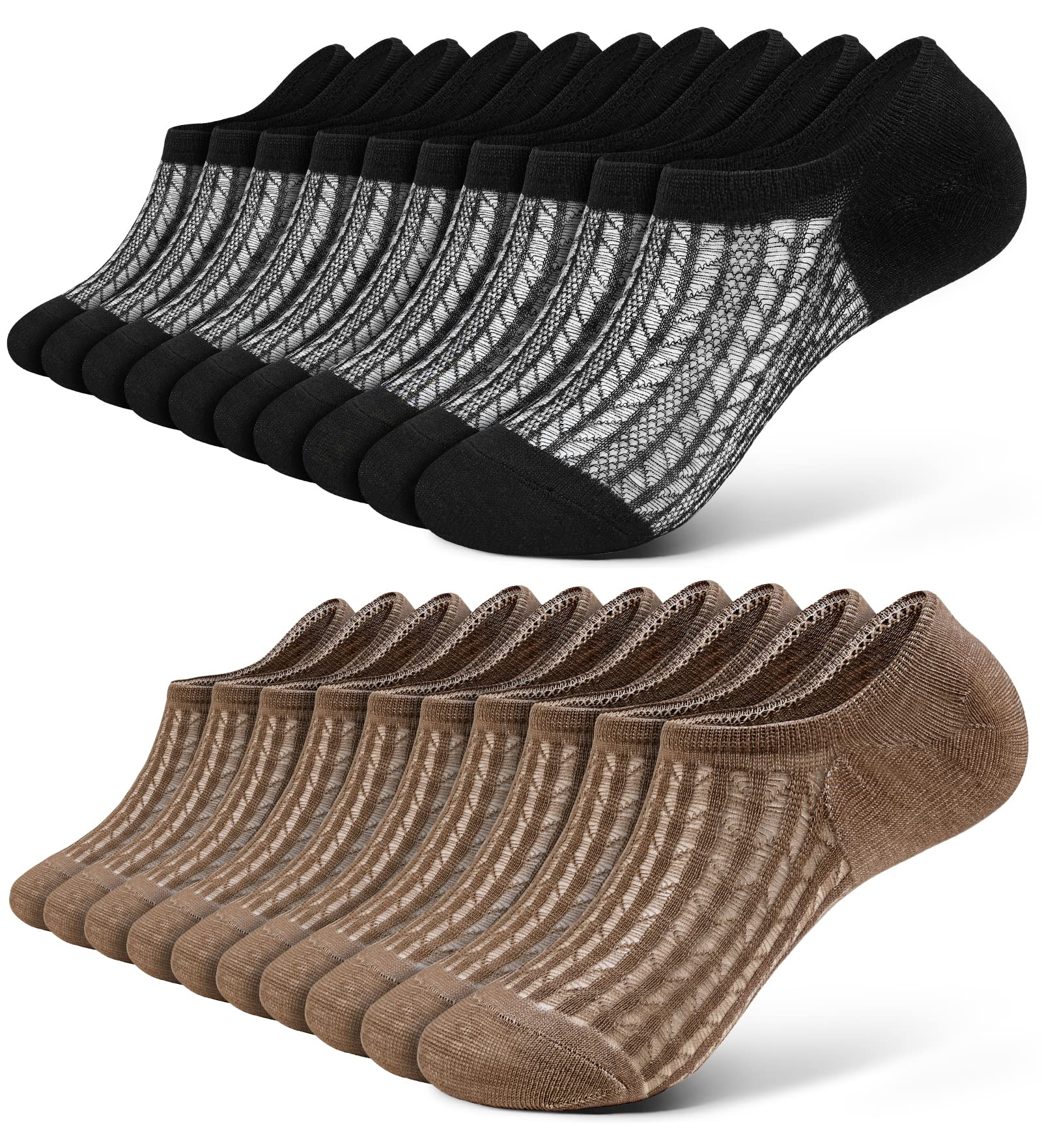 FEERUUNES MEN'S Hollow breathable socks No Show Cotten Socks --10 Pair Pack (black+coffee)