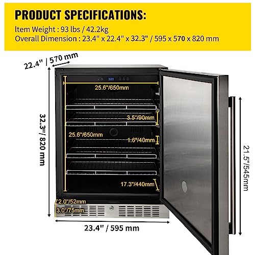 VEVOR 24" Undercounter, 5.3 cu.ft. Compact Stainless Steel, Built-in Beverage Refrigerator,Mini Beer Fridge for Home Bar Office Outdoor, Silver