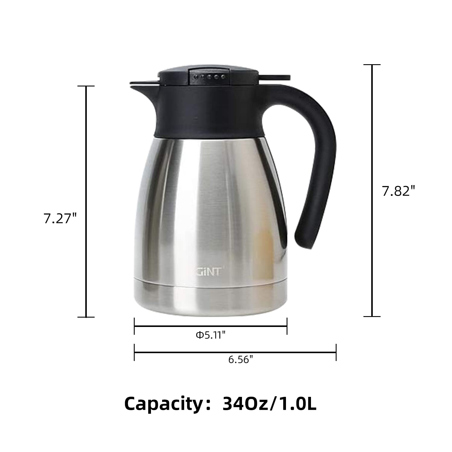 GiNT 34Oz Thermal Coffee Carafe, Insulated Stainless Steel Coffee Carafes for Keeping Hot/Double Walled Vacuum Coffee Carafe (Silver, 1L)