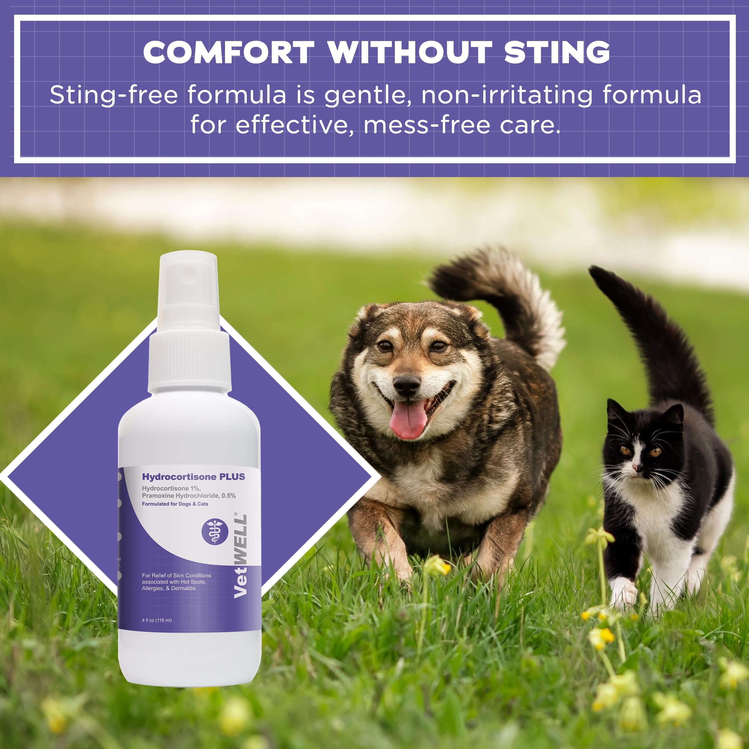 VetWELL Hydrocortisone Spray for Dogs & Cats - Itchy Skin Relief from Hot Spots, Bites, Scrapes, Irritated Skin, & Dermatitis - 4 oz Anti Itch Spray with Pramoxine