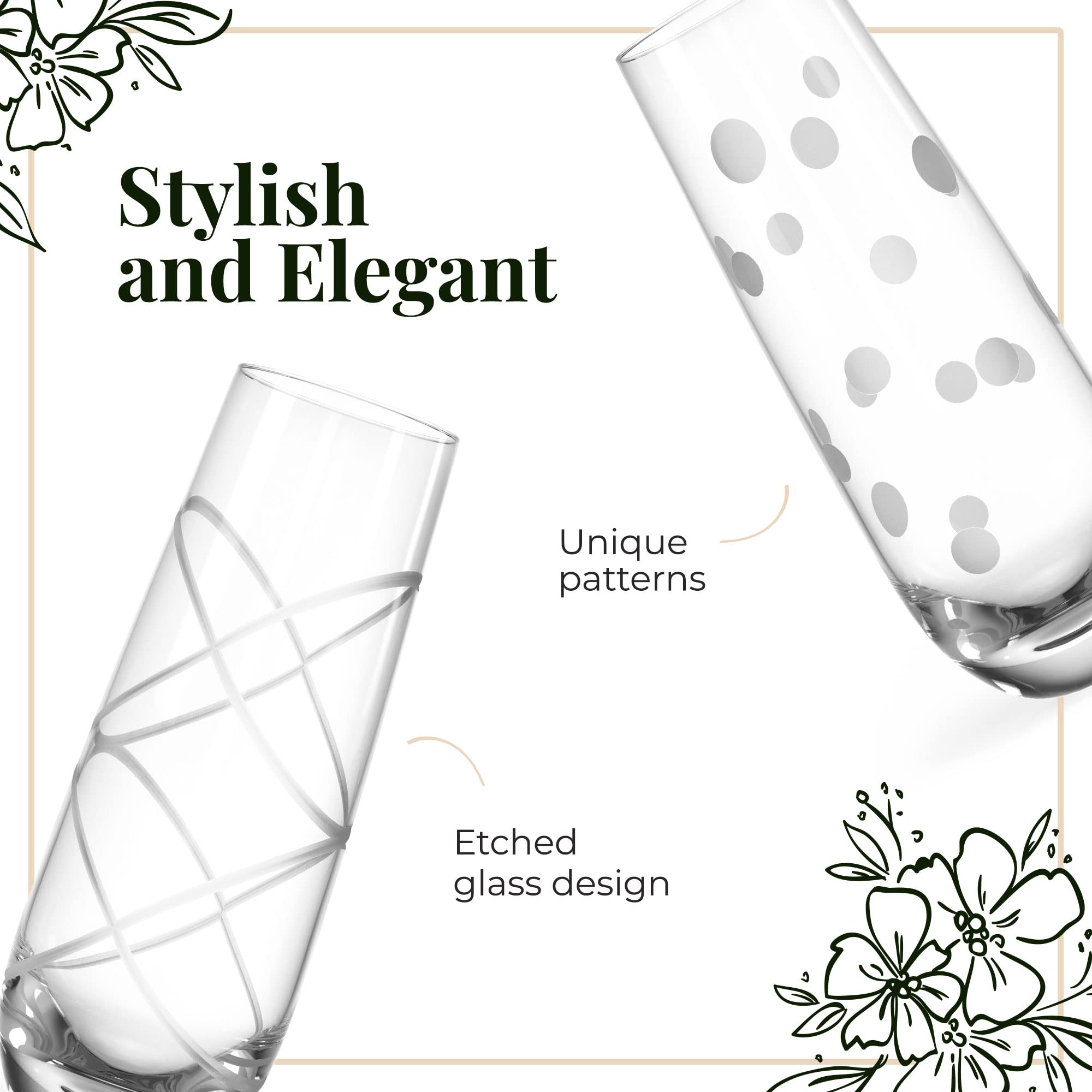Fifth Avenue Crystal Medallion Stemless Champagne Flutes, Durable Glass, Mimosa, Cocktail Glasses Set, Prosecco Wine Flute, Bar Glassware, Toasting Wedding Glasses, Set of 6, Etched Patterns, 9.5oz