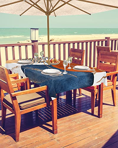 Outdoor Tablecloth with Umbrella Hole and Zipper,Mid Century Terracotta Abstract Geometry Waterproof Tablecloths for Rectangle Tables,Washable Table Cloth Burnt Orange Navy Block Gold Line 60x84in