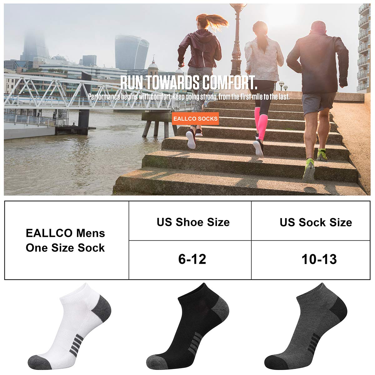 eallco Mens Ankle Socks Low Cut Athletic Cushioned Running Tab Socks 10 Pairs Black (Fits Mens Shoe Size 6-12)