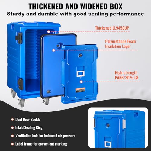 VEVOR Insulated Food Pan Carrier, 127 Qt Hot Box for Catering, LLDPE Food Box Carrier w/Double Buckles, Front Loading Food Warmer w/Handles, End Loader w/Wheels for Restaurant, Canteen, etc. Blue