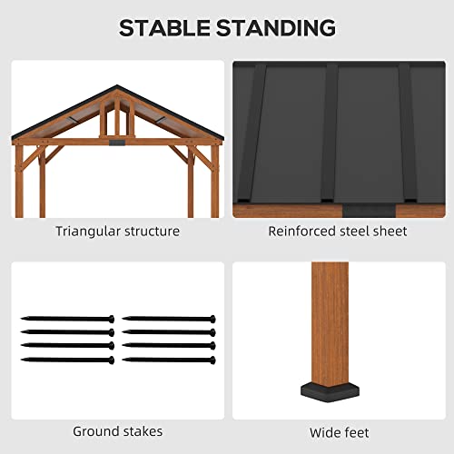 Outsunny 11' x 12' Hardtop Gazebo with Wooden Frame and Waterproof Asphalt Roof, Permanent Pavilion Gazebo Canopy, for Garden, Patio, Backyard, Deck, Porch, Brown