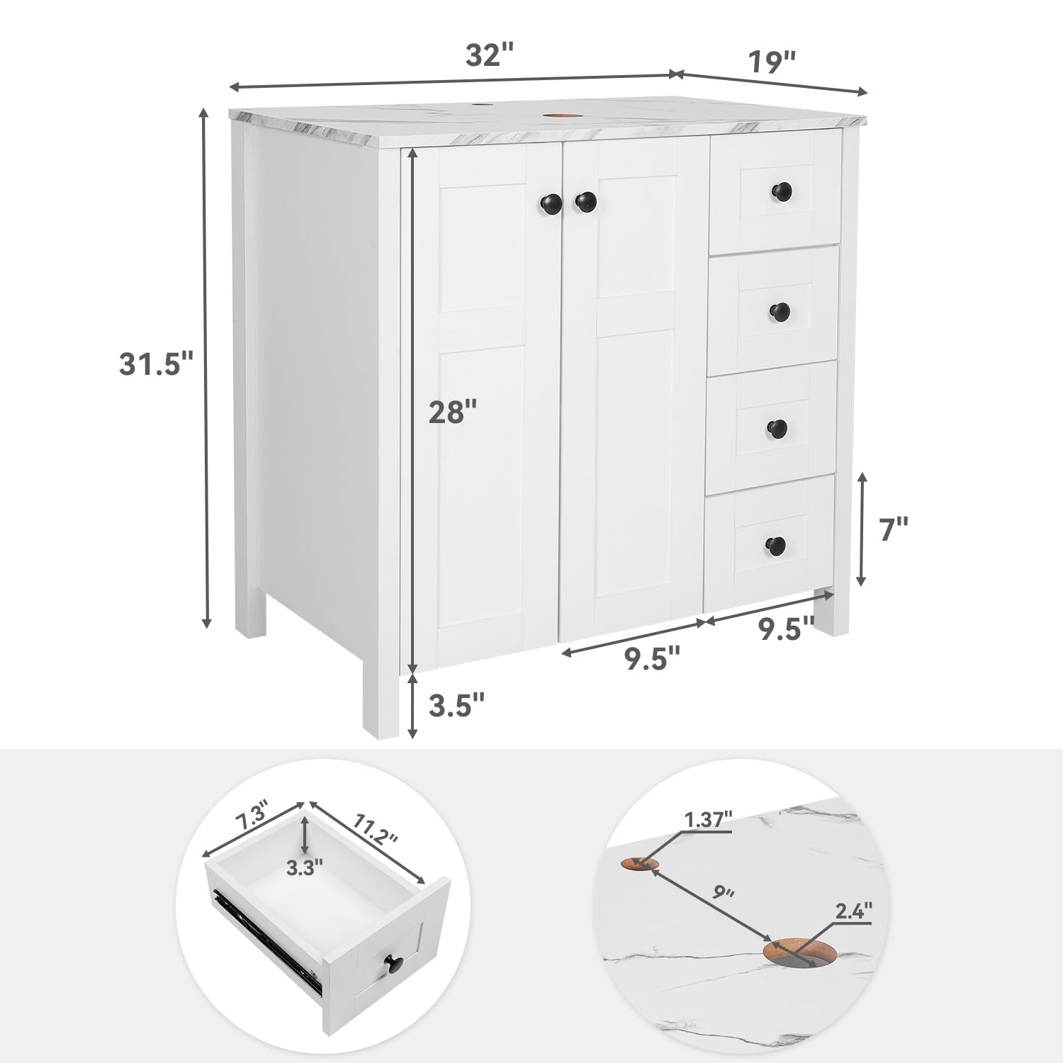 Puluomis 32 Inch Traditional Bathroom Vanity Set in White Finish, Bathroom Vanity with Marble Texture Top and 4 Drawers, Boat Marble Ceramic Sink Top with Single Faucet Hole