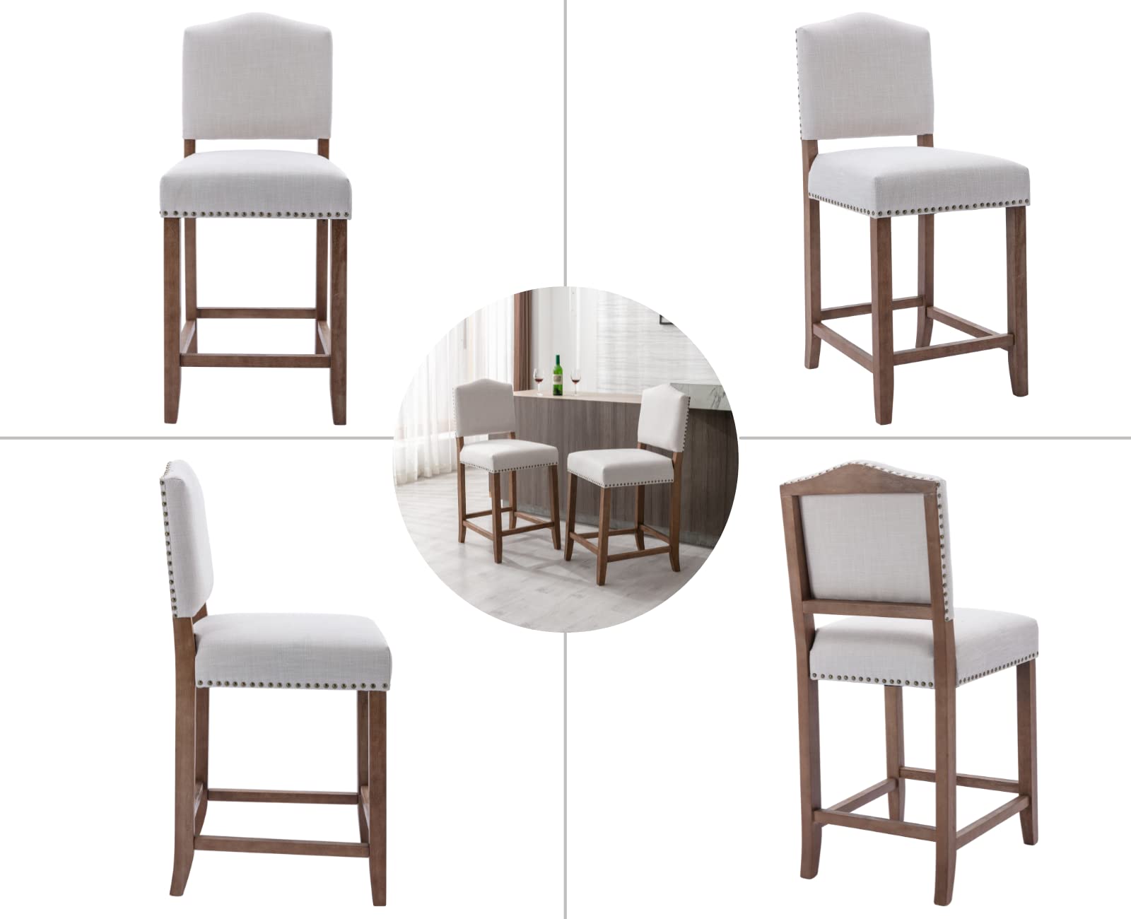 EALSON Farmhouse Bar Stools Set of 2 Bar Height Kitchen Barstools with Back Mid Century Modern Wooden Bar Chairs Linen Upholstered High Counter Stools for Home Bar/Island/Pub, 30 Inch Beige