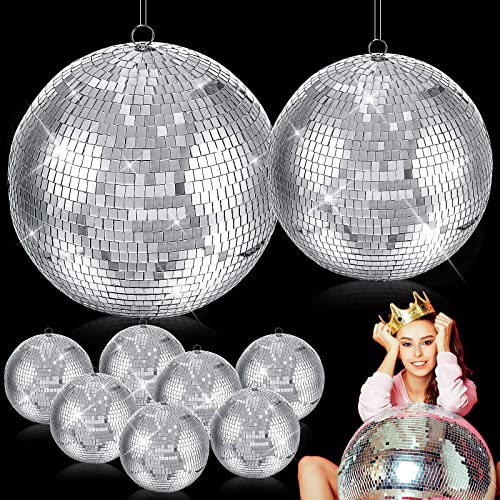 Outus 9 Pcs 16 inch Large Disco Balls Ornaments, 16", 12", 4" Hanging Disco Ball Decor, Silver Disco Balls Decoration Reflective Mirror Disco Balls for DJ Club Bar Stage Festivals Party Favor, 3 Size