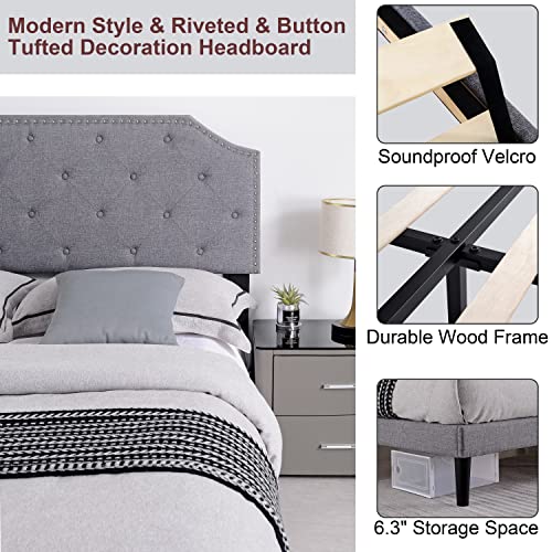 QZhommer Full Size Bed Frame, Modern Upholstered Platform Bed with Adjustable Button Tufted & Riveted Headboard with Wood Slat Support, Easy Assembly, No Box Spring Needed(Grey)