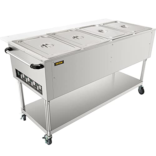 VEVOR Commercial Electric Food Warmer, 4-Pot Steam Table Food Warmer 0-100℃ w/ 2 Lockable Wheels, Professional Stainless Steel Material for Catering and Restaurants