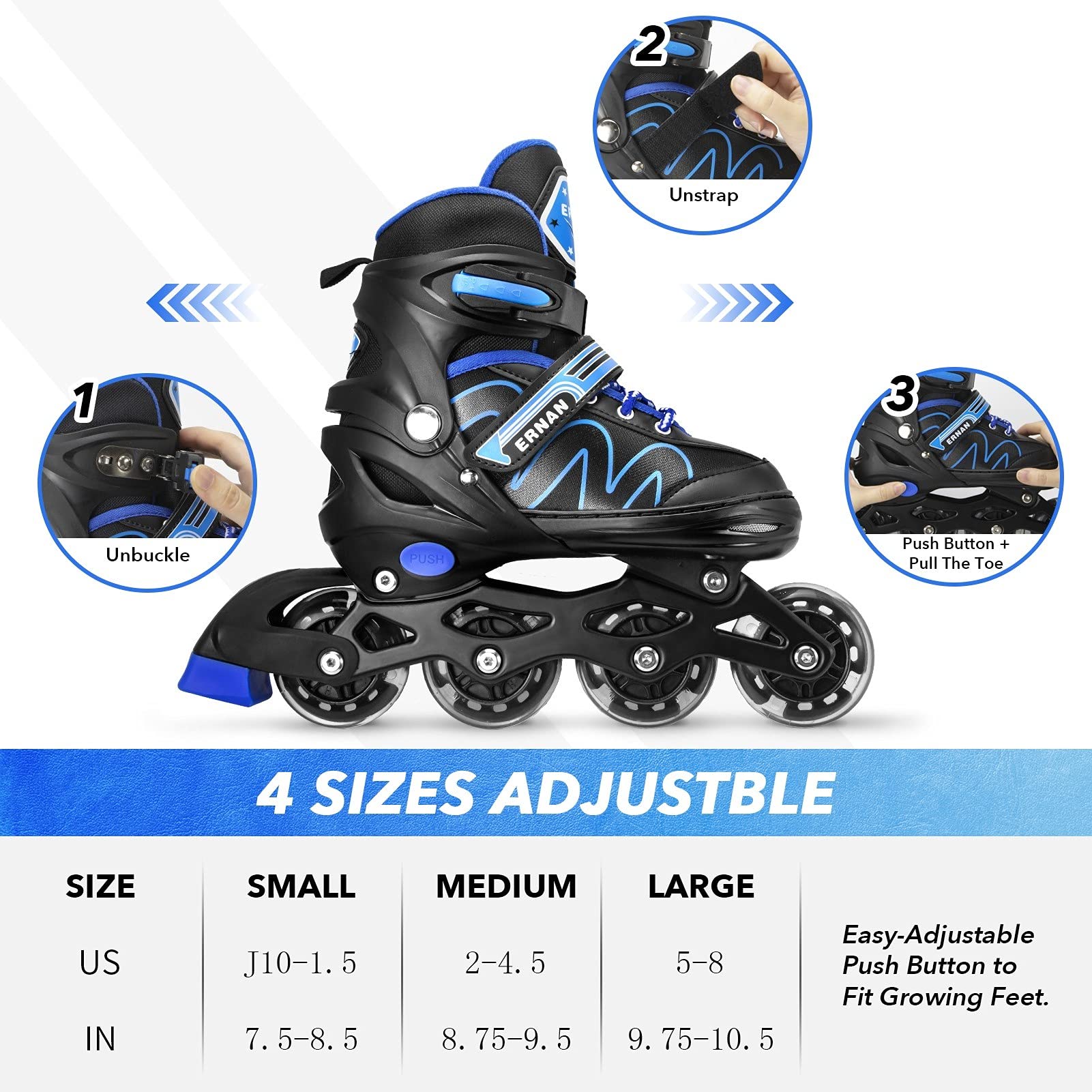 ERNAN Inline Roller Skates,Adjustable Inline Skate for Kids and Adults with Full Light Up Wheels,Outdoor Roller Blades for Boys and Girls, Men and Women (Blue)