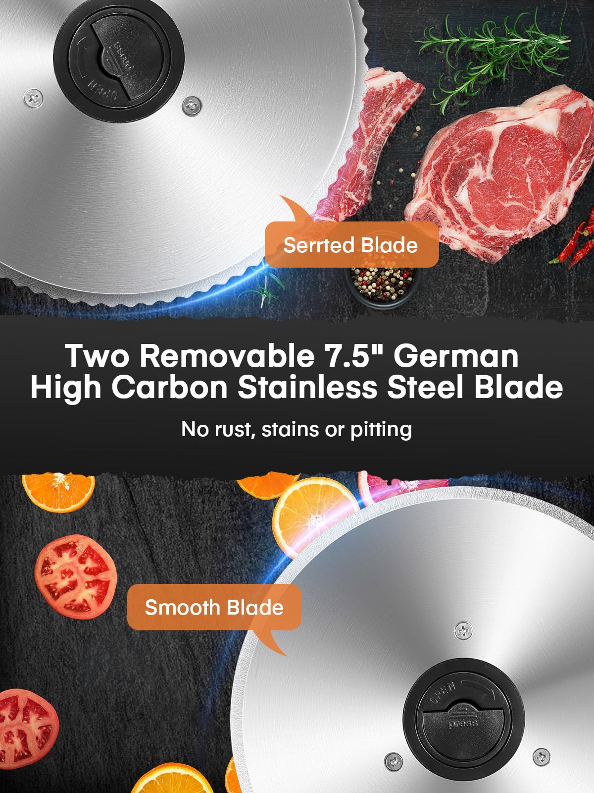 FOHERE Meat Slicer 200W Electric Deli Food Slicer with Two Removable 7.5’’ Stainless Steel Blade, Adjustable Thickness for Home Use, Child Lock Protection, Black