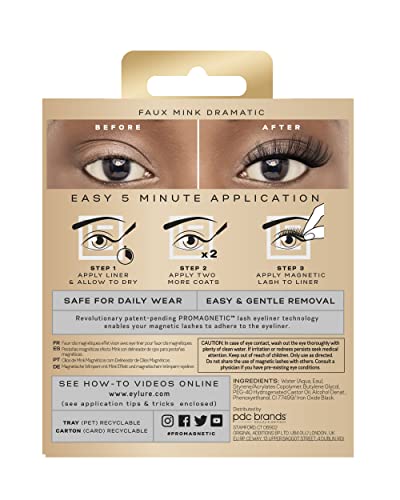 Eylure PROMAGNETIC Magnetic Eyeliner and False Lashes Kit, Faux Mink Dramatic, 1 Pair Reusable Eyelashes, No Glue Needed Black