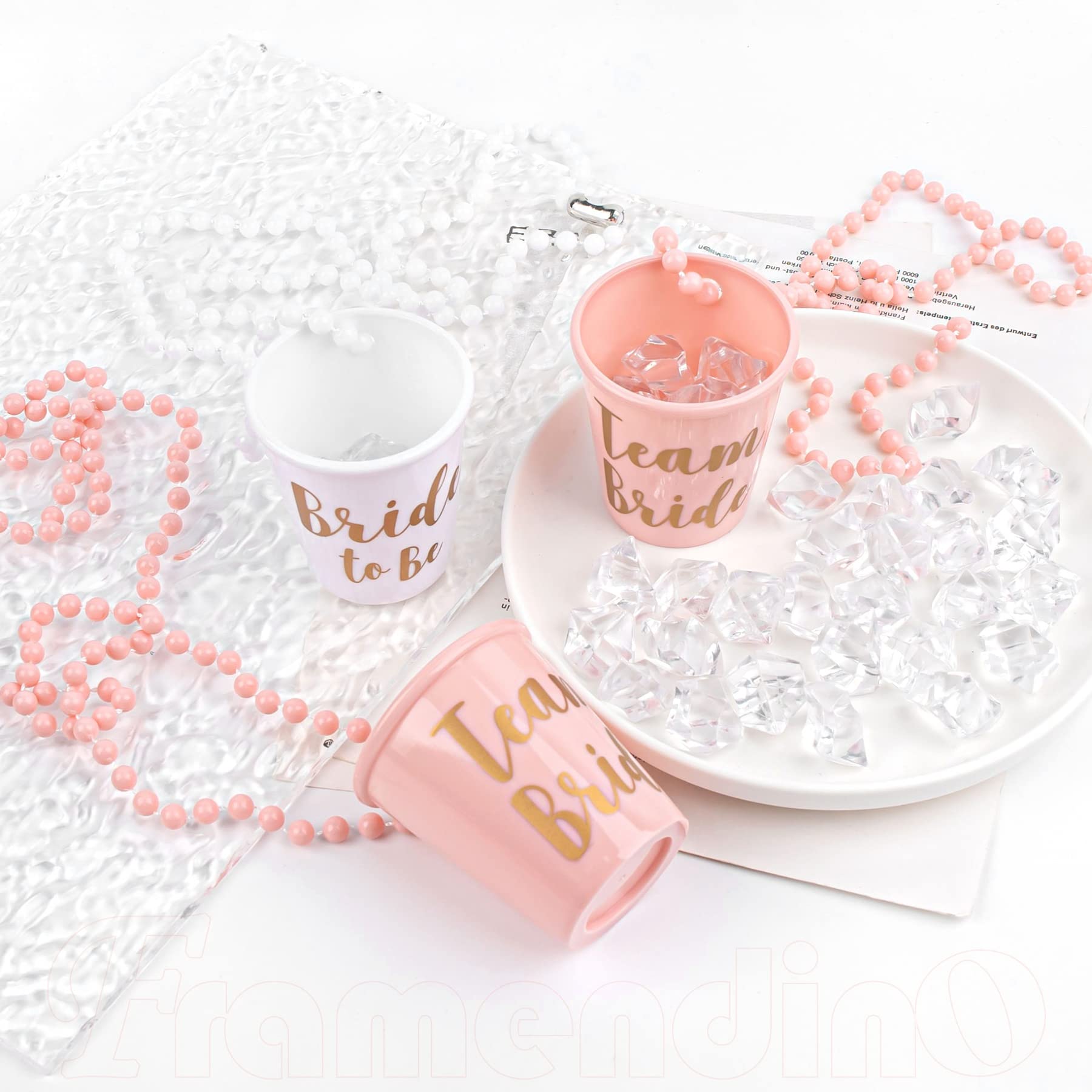 Framendino, 8 Pack Team Bride and Bride to Be Plastic Beaded Shot Glass Necklace Shot Glasses Bridal Necklace with Gold Foil for Bachelorette Party Decorations