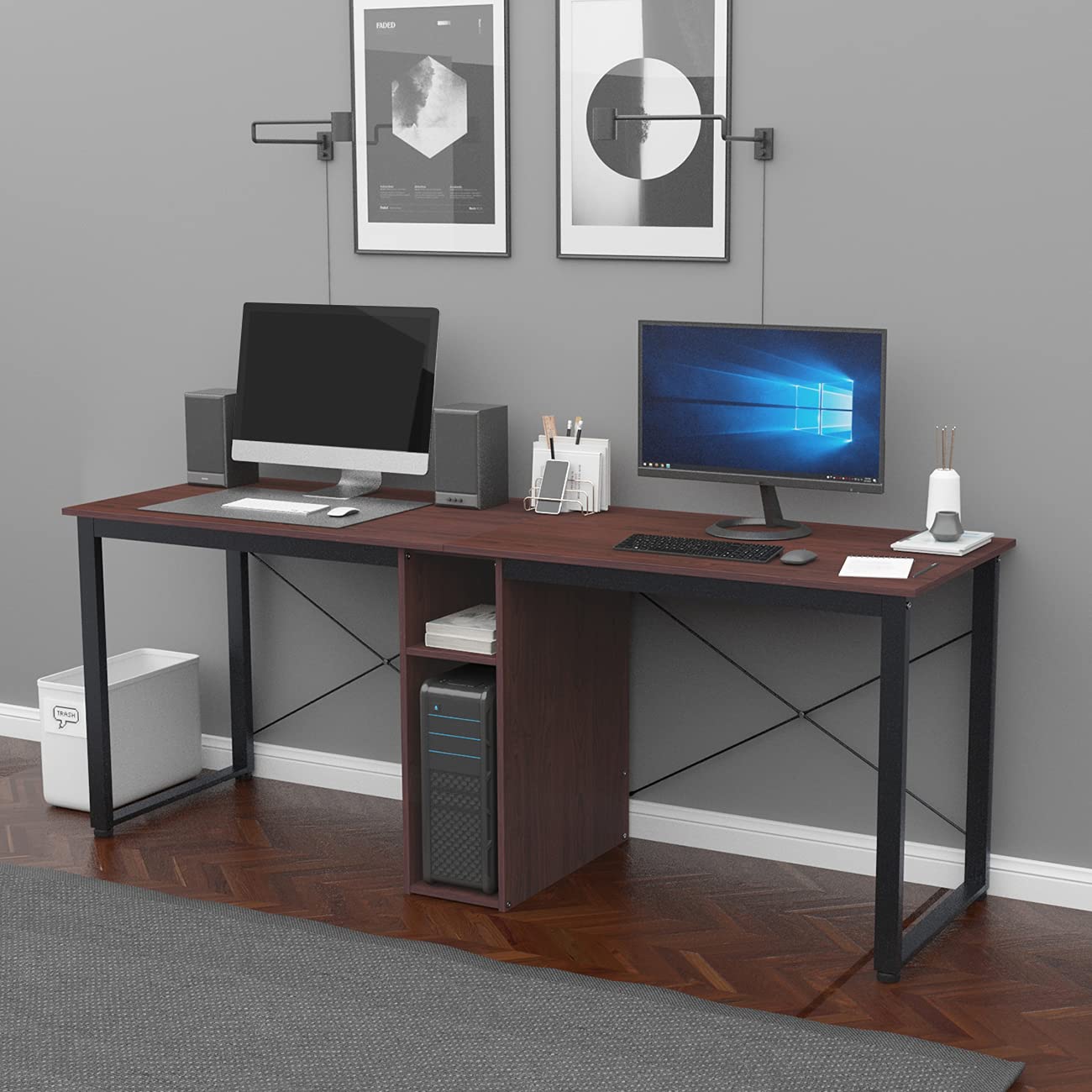 DlandHome Double Computer Storage Desk 78 inches Extra Large Home Office Desk Multifunction Gaming Table Workstation for Home Office, Walnut LD-H01WA